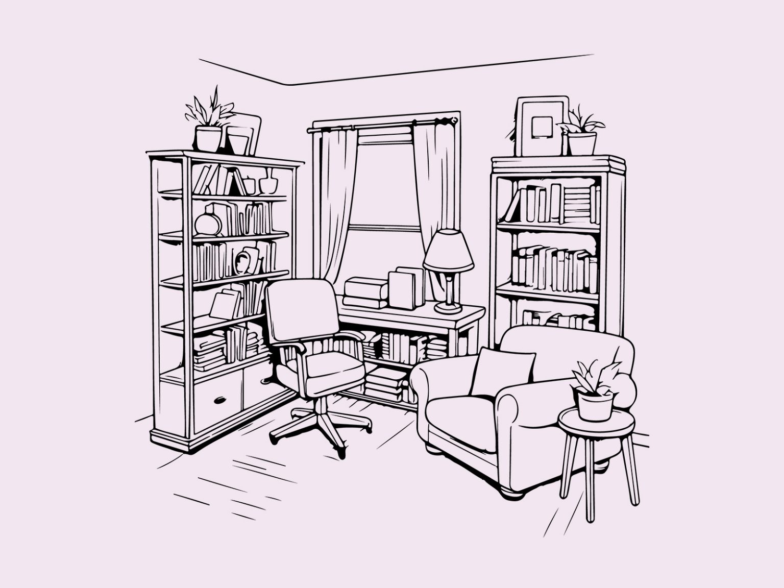 Home Interior Drawing Room With Book Shelves Sketch Vector Illustration ...