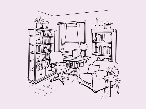 Home Interior Drawing Room With Book Shelves Sketch Vector Illustration ...