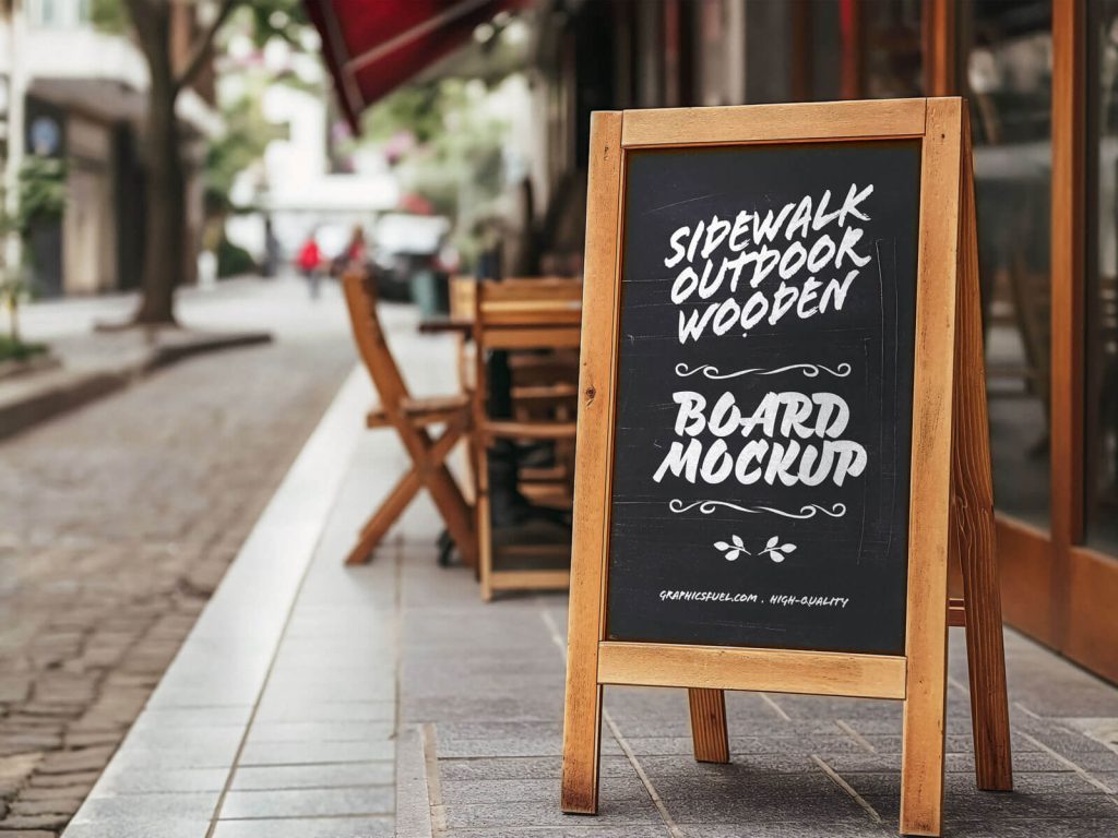 Sidewalk Outdoor Wooden Sign Board Mockup - Pixcrafter
